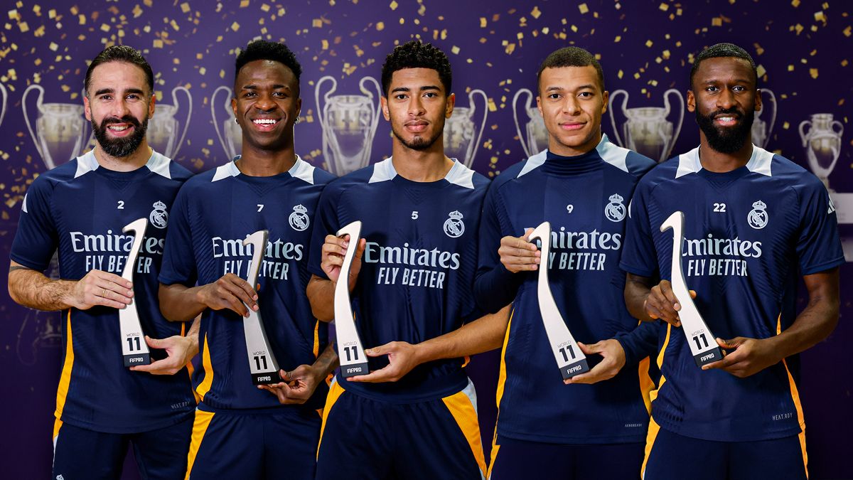 Carvajal, Rüdiger, Bellingham, Vini Jr. y Mbappé posan con sus trofeos ...